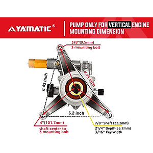 YAMATIC 7/8" Shaft Vertical Pressure Washer Pump 2500 PSI @ 2.2 GPM Replacement Pump for Power Washer, Compatible with Honda GCV160, Troybilt, Craftsman, Ryobi, Rear Facing Inlet/Outlet