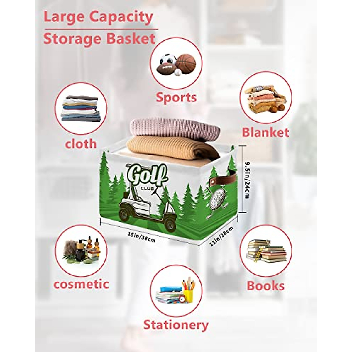 Golf Cart Storage Baskets for Organizing, Golf Club Green Field Pine Tree Balls Sports Theme Fabric Storage Bins for Shelf, Collapsible Cube Bin with Handles for Closet（15''x11''x9.5''）