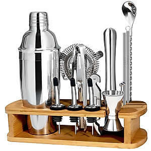 CasaCulina Cocktail Shaker Set Mixology Bartender Kit with Stand, 17 Piece Bar Tool Set: Martini Shaker, Jigger, Strainer, Mixer Spoon, Muddler, Liquor Pourers for Drink Mixing Bartending Kit(Silver)