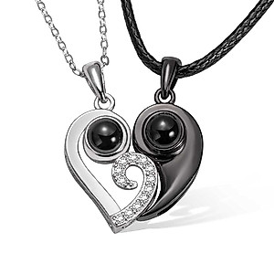 Custom Couple Photo Projection Necklace 925 Sterling Silver I Love You Necklace 100 Languages 2 Pcs Heart Personlized Picture Pendant Necklace Memorial Romantic Gifts for Girlfriend Women Him and Her