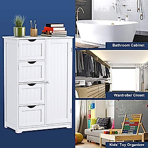 Giantex Bathroom Floor Cabinet Wooden with 1 Door & 4 Drawer, Free Standing Wooden Entryway Cupboard Spacesaver Cabinet, White