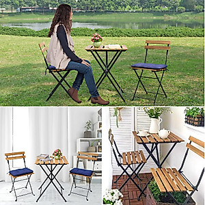 BEEFURNI Wooden Folding Table and Chairs with Cushions for Small Spaces, Teak Wood Bistro Set 3 Piece Outdoor Indoor, No Assembly Required, Perfect Size for Your Balcony, Garden, Backyard, Patio