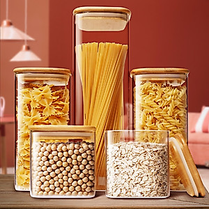 HomArtist Square Glass Jars with Bamboo Lids [Muti Size Set of 5], Glass Canisters with Airtight Lids, Glass Food Storage Containers for Pasta, Cereal, Flour, Sugar, Best for Kitchen & Pantry