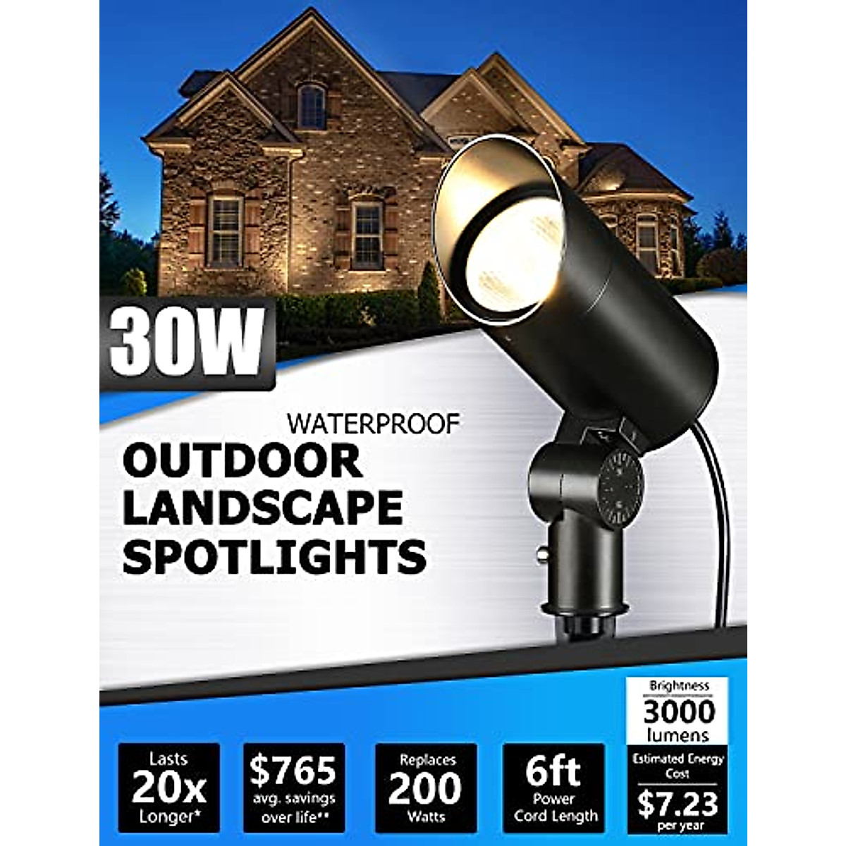 SUNVIE 30W Outdoor LED Spotlight 120V Waterproof Landscape Spotlights 3000LM Ultra Bright Spot Lights Outdoor 3000K Warm White Landscape Lights with 6 FT Cord for Flag Pole Tree Yard Path Garden Decor