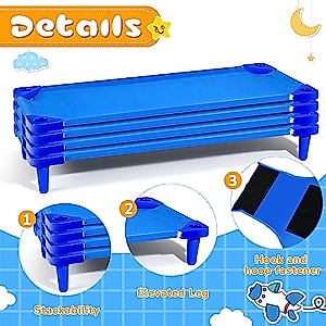 Geetery 4PCS Stackable Daycare Cot for Kid 54" L x 23" W Portable Toddler Nap Cot for Sleeping Preschool Classroom Daycare Bed Furniture, Ready to Assemble for Sleep, Back to School (Blue)