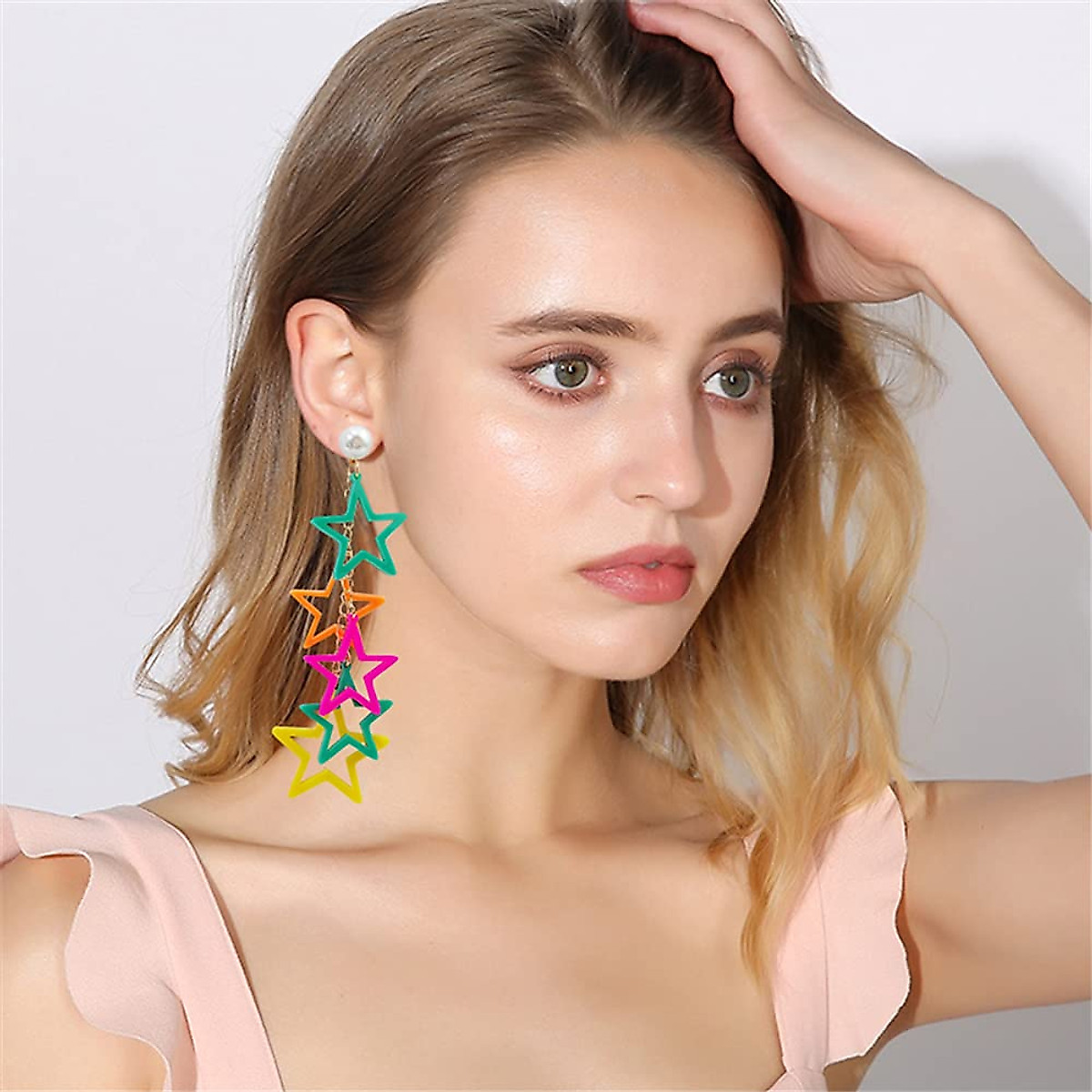 CHUNYANAN Boho Charm Hollow Colorful Acrylic Five-pointed Star Exaggerated Dangle Drop Earrings Color Five Stars With Pearl Drop Earrings Sparkly Chic Jewelry Gift (Colorful Acrylic Five-pointed Star)