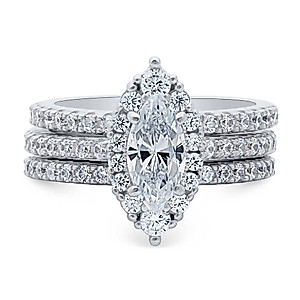 BERRICLE Sterling Silver Halo Wedding Engagement Rings Marquise Cut Cubic Zirconia CZ Ring Set for Women, Rhodium Plated Size 8