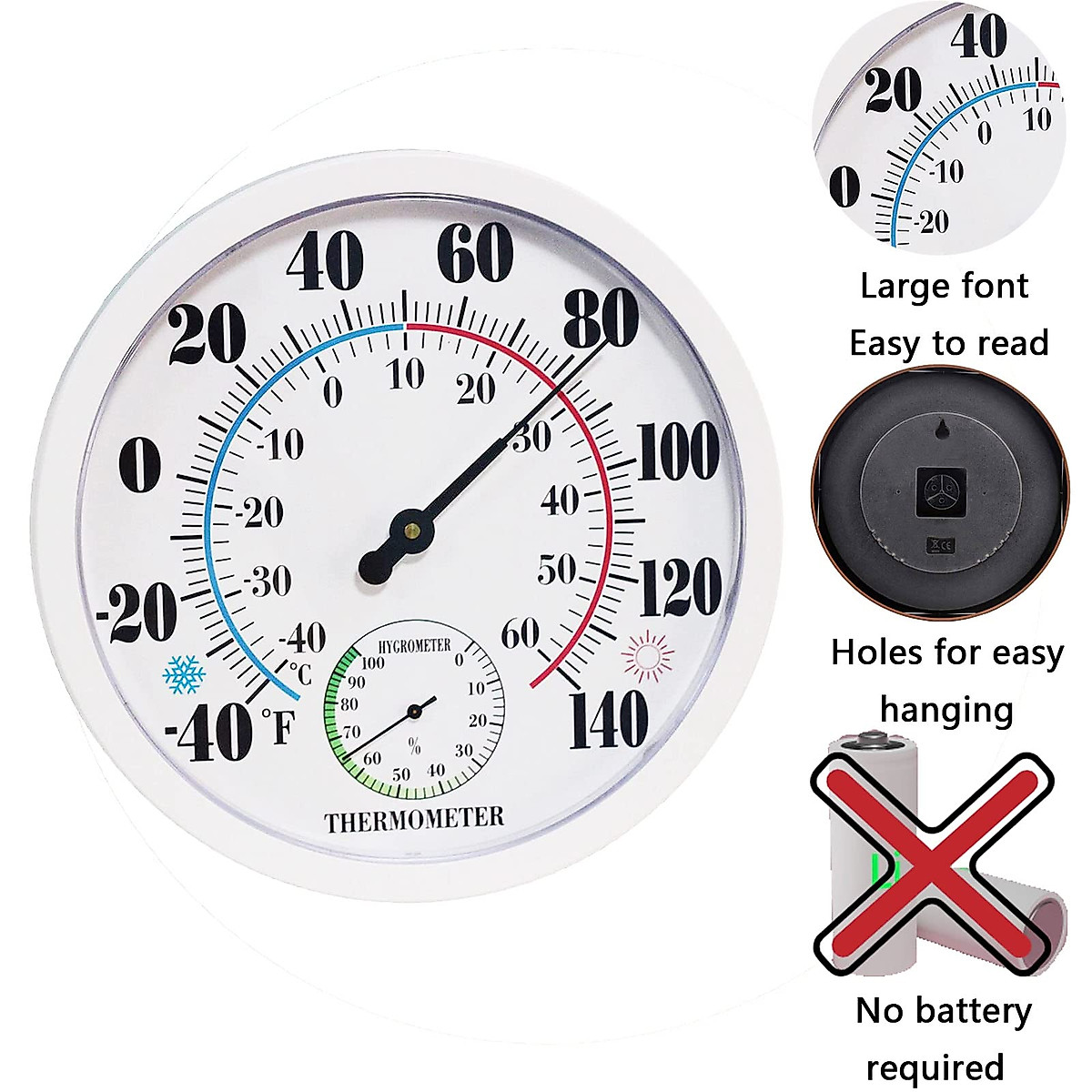 Indoor Outdoor Thermometer Hygrometer Large Wall Decor, 10 Inch Outdoor Thermometers for Patio Garden, Waterproof No Battery Needed Wall-Mounted Thermometers-White