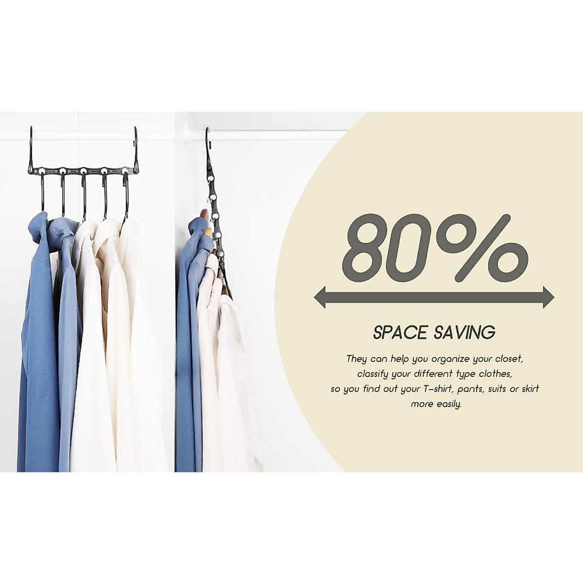 HOUSE DAY Space Saving Hangers10 Pack and Black Plastic Hangers 60pack, Save More Than 80% of Your Closet Space