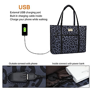 MOSISO USB Charging Port Laptop Tote for Women, Compatible with MacBook, 17-17.3 inch Notebook and Chromebook, Leopard Grain Work Handbag Business Computer Bag with Small Purse, Black