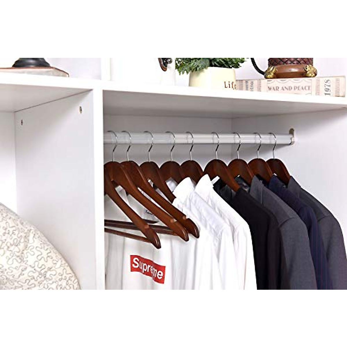 Quality Wooden Hangers - Slightly Curved Hanger 20 Pack Sets - Solid Wood Coat Hangers with Stylish Chrome Hooks - Heavy-Duty Clothes, Jacket, Shirt, Pants, Suit Hangers (Walnut/Retro, 20)