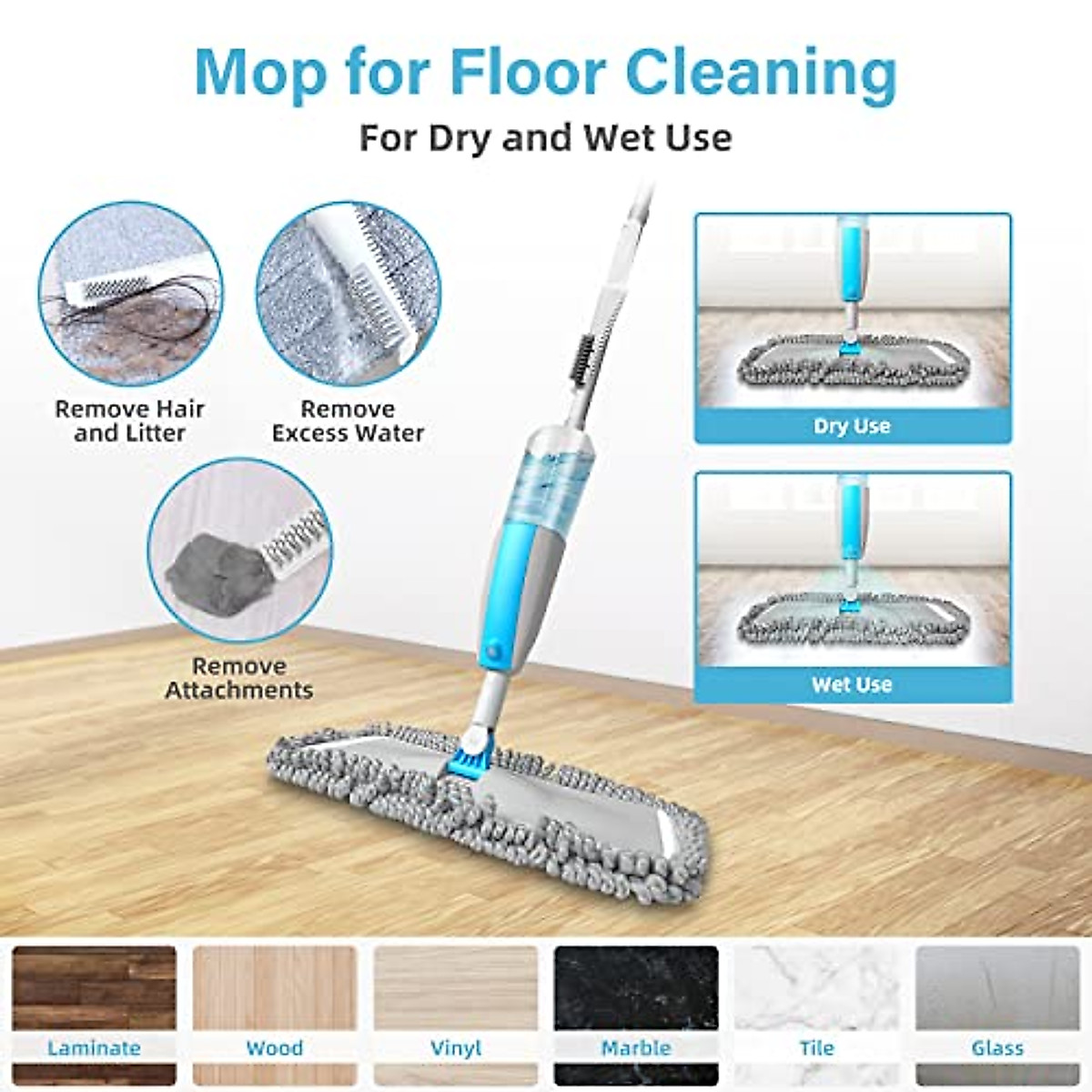 DDSNTY Mops,Microfiber Spray Mops for Floor Cleaning,Dust Cleaning Mop,Kitchen Dry & Wet Mop with 410ML&300ML Refillable Bottle 4 Reusable Washable Pads for Hardwood Laminate Wood Tiles Floor