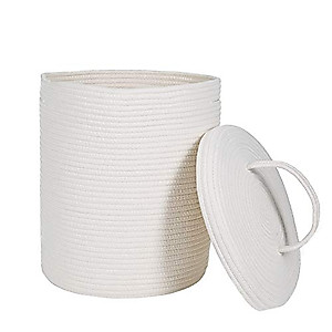 Cotton Rope Storage Basket with Lid | Large Woven Baskets and Handles 15" x 13" | for Nursery, Laundry, White Round Hamper, Home Living Room Floor, Toy Organizing bins, Blanket, Pillow and Big