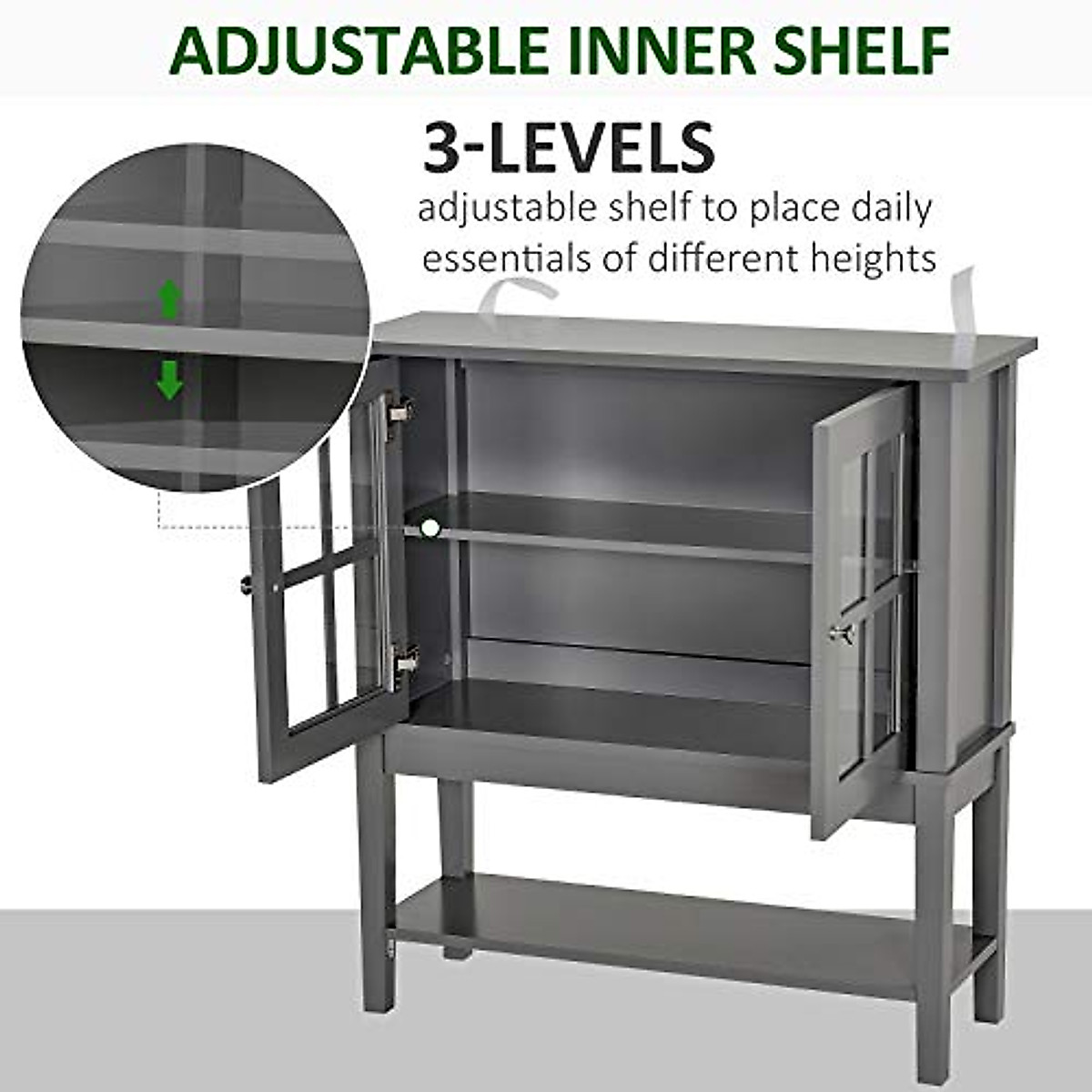 HOMCOM Coffee Bar Cabinet, Modern Sideboard Buffet Cabinet, Kitchen Cabinet with 2 Glass Doors, Adjustable Inner Shelving and Bottom Shelf, Grey