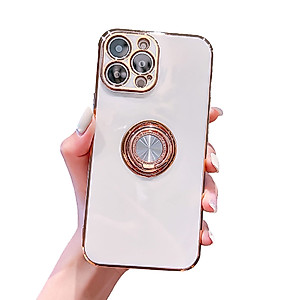 Yepda Case for iPhone 13 Pro Max Ring Holder Case with Diamond Shiny Plating Rose Gold Edge Built-in 360 Rotation Magnetic Kickstand for Women Girls Slim Soft TPU Protective Cover 6.7 Inch, White