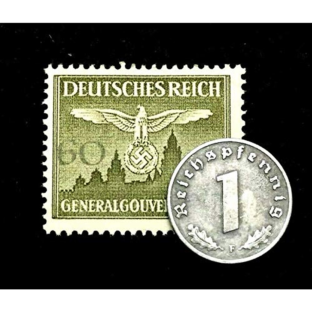 DE 1938 Rare Old WWII German War 1 Reichspfennig Coin & Stamp World War 2 Artifacts Perfect Circulated Coin