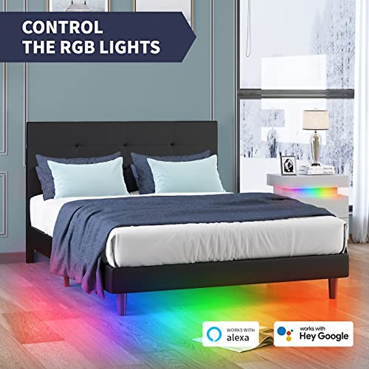 ZAFLY Platform LED Bed Frame Queen Size,Upholstered Queen Bed Frame with Adjustable Headboard,Queen Size Bed with RGB LED Strip Light,Wooden Slats Support,No Box Spring Needed,Easy Assembly,Black