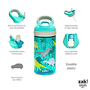 zak! Dinosaur - 5-Piece Dinnerware Set - Durable Plastic & Stainless Steel - Includes Water Bottle, 8-Inch Plate, 6-Inch Bowl, Fork & Spoon - Suitable for Kids Ages 3+