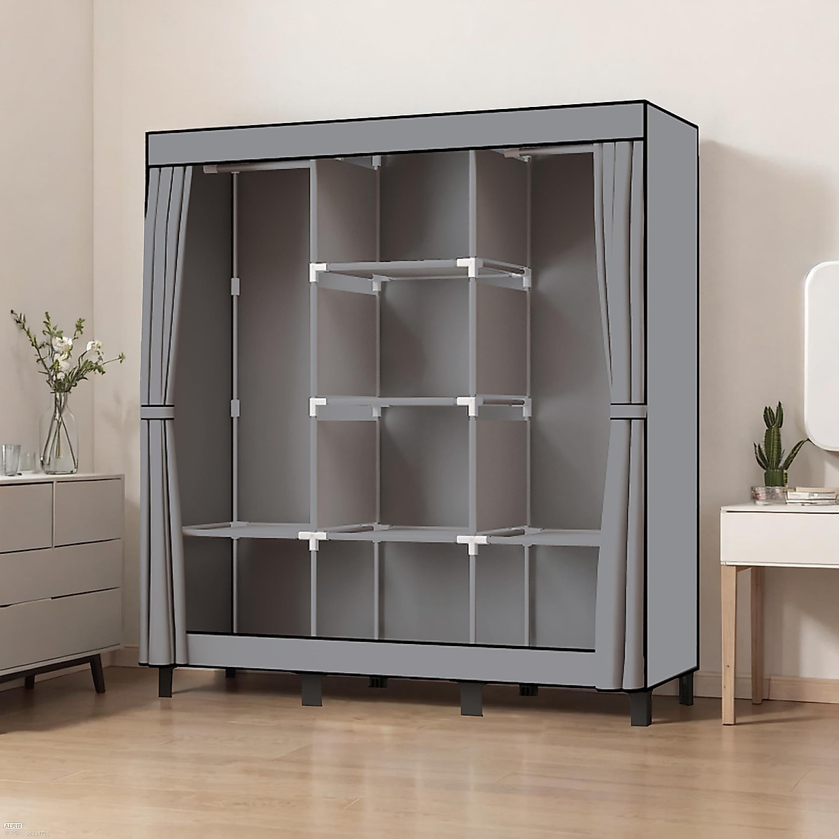 TKPKSELD Portable Closet Bedroom Wardrobe Storage with Non-Woven Fabric Cover, 8 Storage Organizer Shelves, 2 Hanging Rods for Hanging Clothes, Durable and Easy to Assemble, 69 x 49 x 17.7 Inches