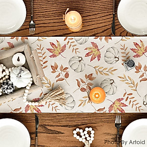 Artoid Mode Orange Pumpkins Fall Maple Leaves Fall Table Runner, Seasonal Autumn Kitchen Dining Table Decoration for Home Party Decor 13x72 Inch