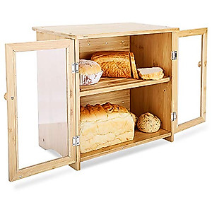 Leopard Bamboo Bread Box for Kitchen Countertop, 2 Layers Bread Boxes with Clear Window for Kitchen Food Storage, Large Bread Storage Bin with Cutting Board - Natural Bamboo