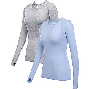 2 Pieces Women Long Sleeve Workout Shirt Seamless Workout Shirts with Thumb Holes Fitted Top Sports Yoga Athletic Shirt Top (Gray, Blue, X-Small)