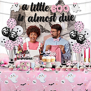 Balterever Halloween Baby Shower Decorations for Girls Pink Black a Little Boo is Almost Due Baby Shower Banner Backdrop Cake Cupcake Toppers Halloween Tablecloth for Halloween Baby Shower Gender