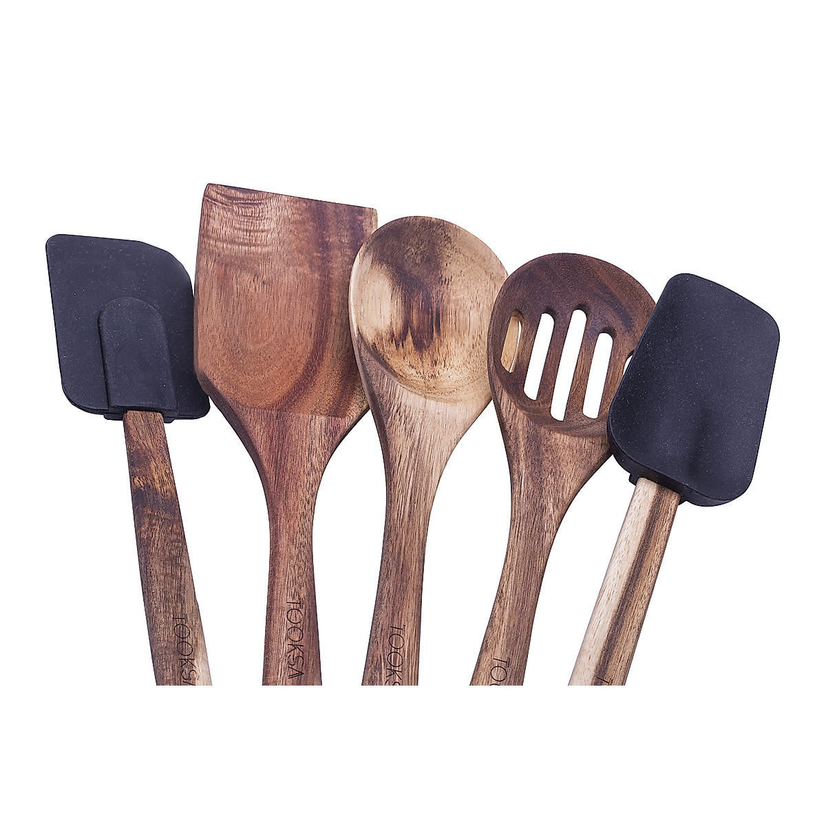 TOOKSA- Premium 5 Piece Acacia Multi-Toned Light and Dark Wooden Spoon, Turner and Spatula Utensil Set with Silicone, Rubber, Non-Slip Handles (Black)
