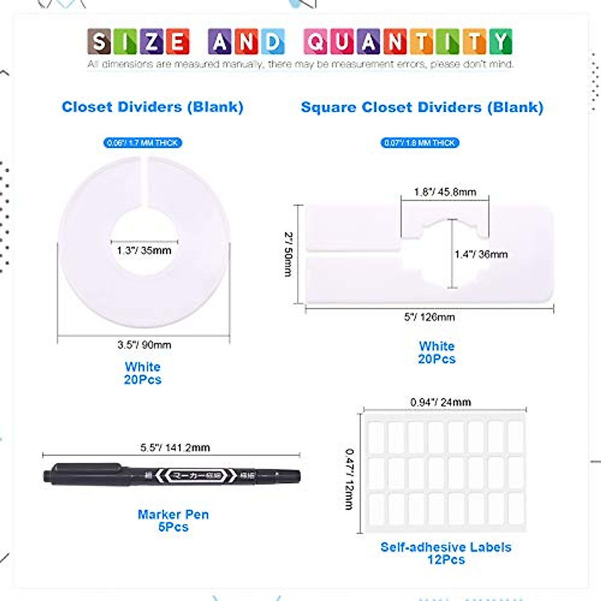 Glarks 46Pcs White Round Clothing Size Closet Rack Dividers Hangers and Rectangular Clothing Rack Size Dividers with 12Pcs White Labels and 5 Marker Pens Used for Home Closet Cloth Store