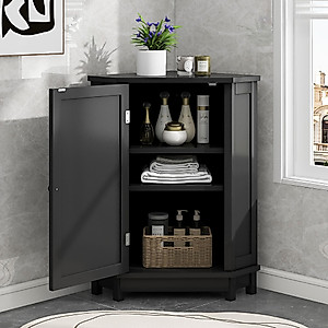 Mancofy Home Corner Storage Cabinet, Bathroom Triangle Corner Floor Cabinet, Wood Freestanding Corner Cabinet with Single Door and Shelves (Black)