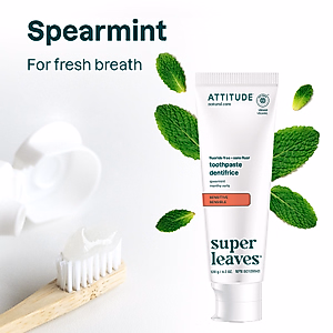 ATTITUDE Fluoride-Free Toothpaste, Plant- and Mineral-Based Ingredients, Vegan, Cruelty-Free and Sugar-Free, Sensitive, Spearmint, 4.2 Oz