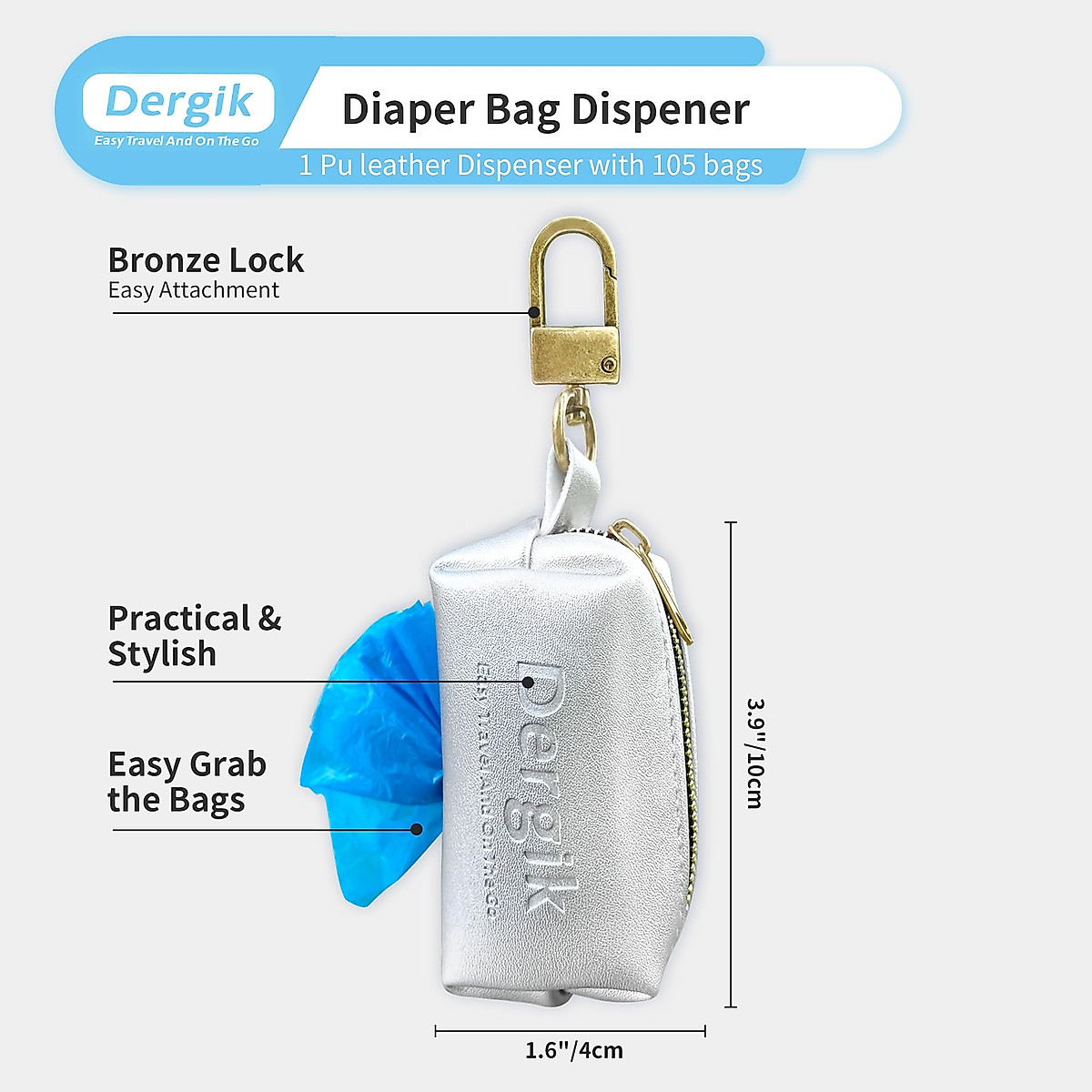 Dergik LEATHER Diaper Bag Dispenser | 105 Diaper Bags Disposable (7 Refills) for Baby and Toddler Poop or Dirty Clothes, Dirty Paper Towels | Portable Travel Essential and On the Go, Silver