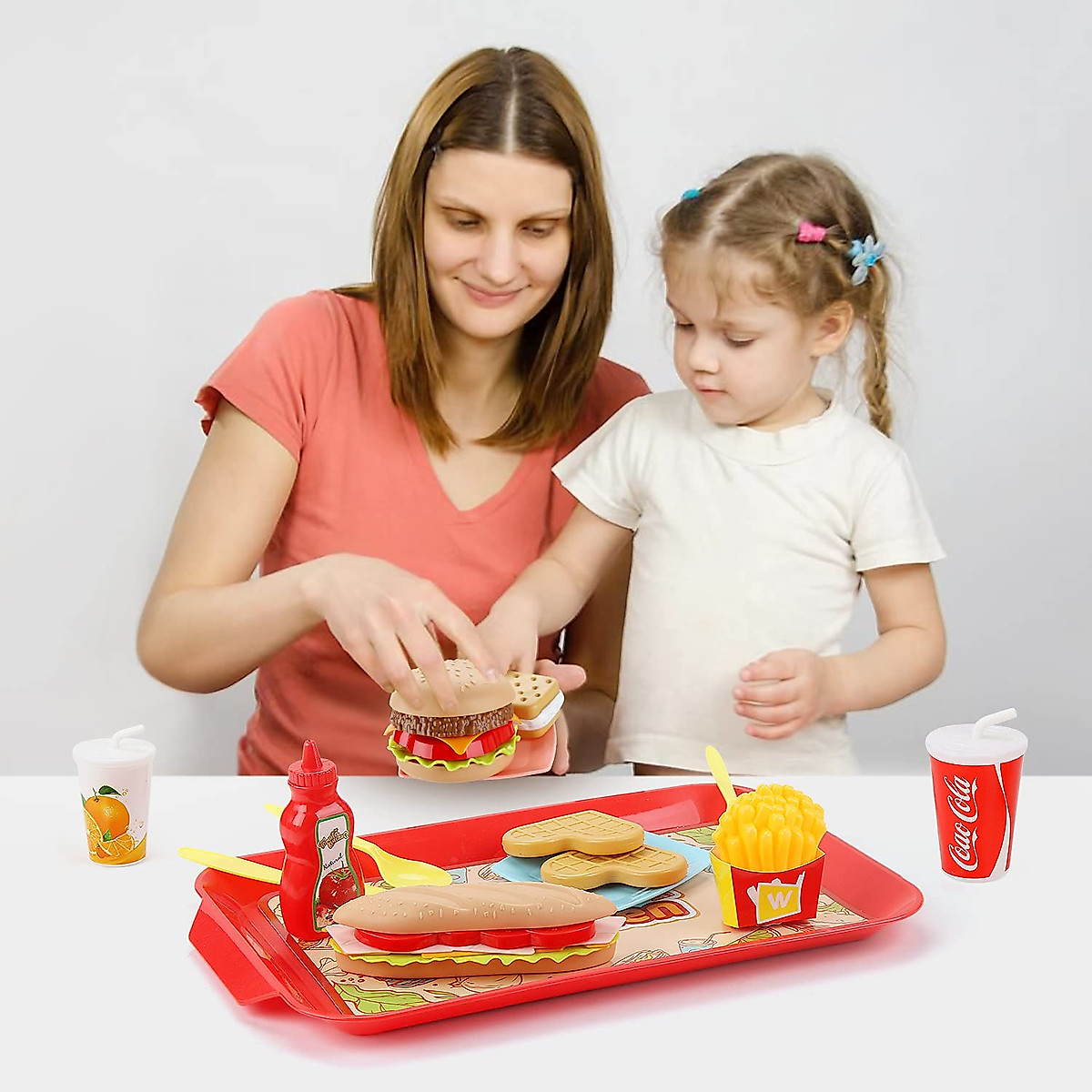 Sotodik Pretend Play Food Set for Children,Removable Fast Food Playset with Tray Hamburger Hotdog Fries Combo,Play Kitchen Accessories Role Play Toys,Educational Gift for Kids Boys Girls (15 PCS)