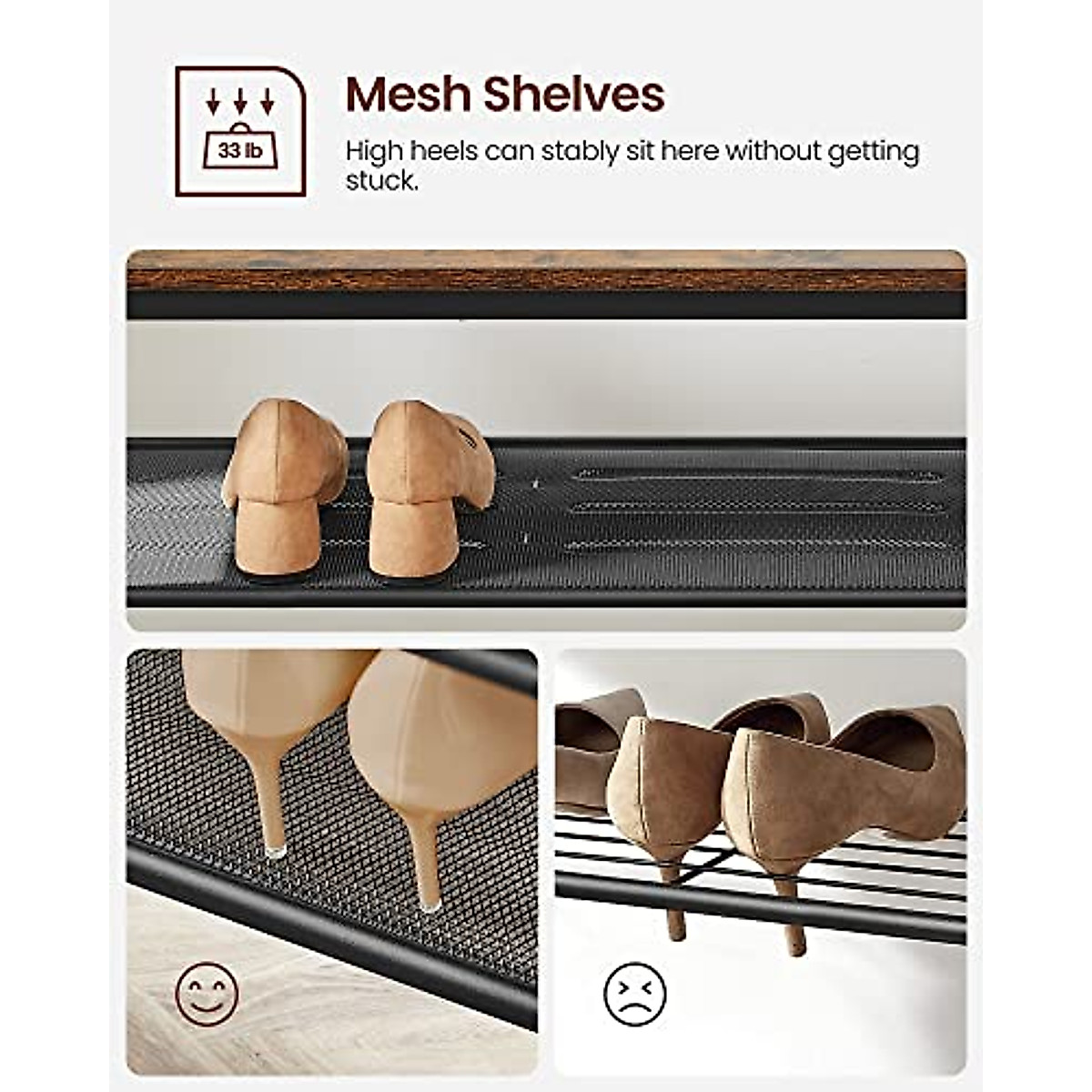 VASAGLE Coat Rack Shoe Bench with Mirror, Hall Tree with Bench and Shoe Storage Shelves, 15 x 38.6 x 70.9 in, Bedroom Living Room, Industrial Style, Rustic Brown and Black UHSR415B01