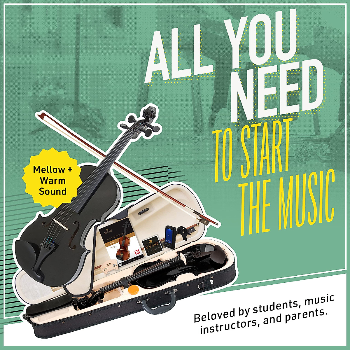 Mendini By Cecilio Violin For Kids & Adults - 4/4 MV Metallic Black Violins, Student or Beginners Kit w/Case, Bow, Extra Strings, Tuner, Lesson Book - Stringed Musical Instruments (Renewed)