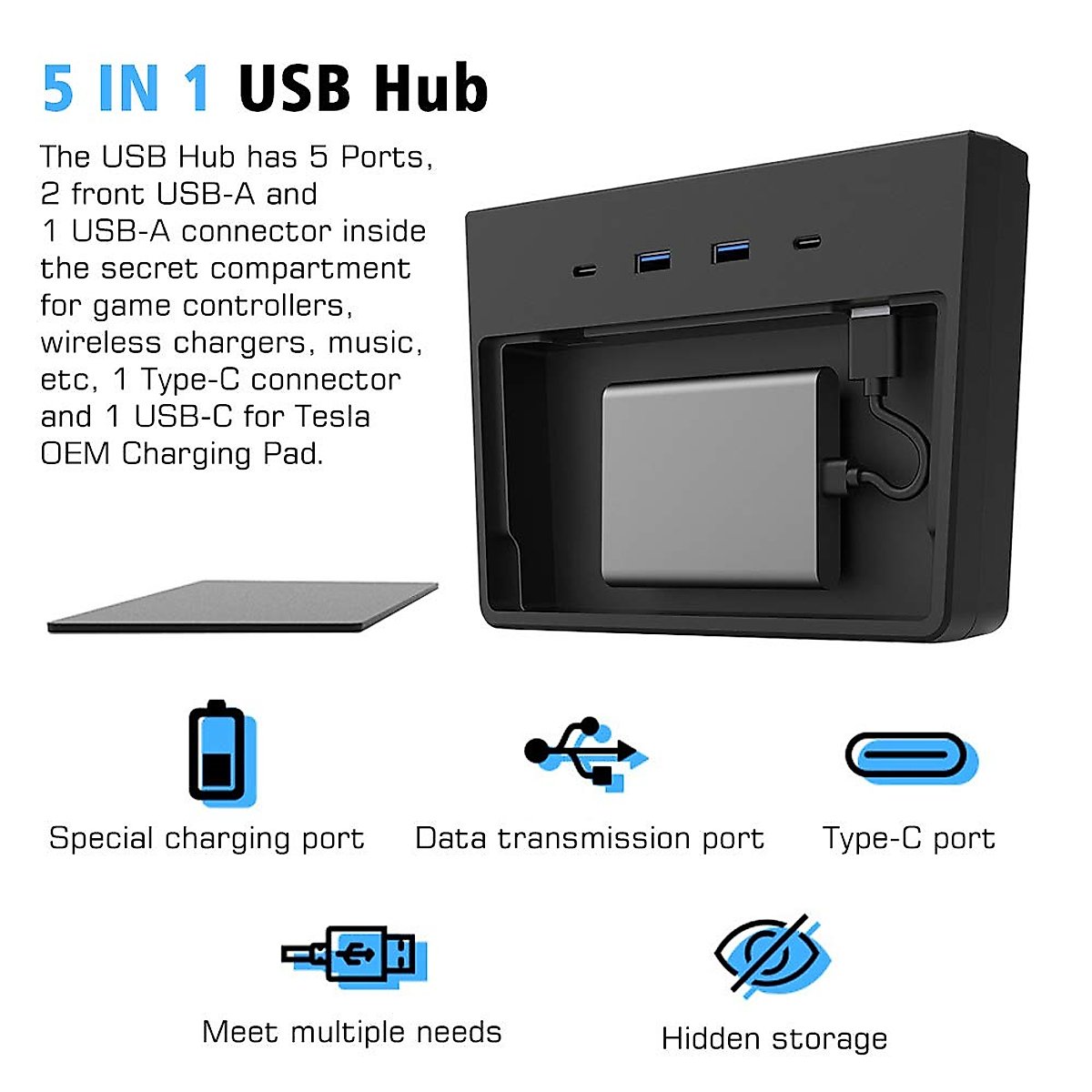 CALIDAKA 5 in 1 Ports Tesl-a Model 3 Model Y USB Hub, Dashcam and Sentrys Mode Viewer USB-C Hub Dongle USB Tesl-a M 3 My Accessories, Custom Designed for Tesl-a Model 3/Y 2020 June Produce