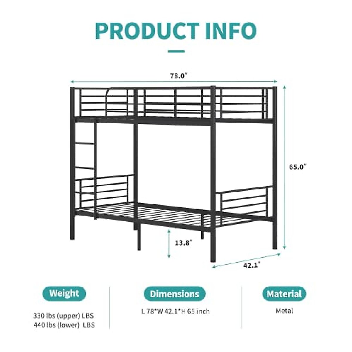Bunk Beds Frame Twin Over Twin, Heavy Duty Twin Size Metal Bunk Bed Frame with Guardrail & Ladders , Space-Saving, Noise Free, No Box Spring Needed (Black) 2685