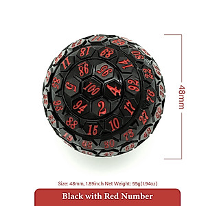 Poludie 100 Sided Polyhedral Dice, Single D100 Game Dice, 100 Sided Cube with Black Pouch, D100 die 48 mm (Black with Red Number)