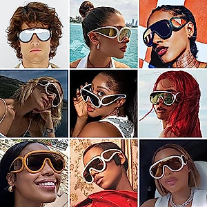 Fashion Cyberpunk Wave Mask Sunglasses for Women Men Oversized Futuristic Mirrored Shield Sun Glasses Shades (Black/Silver)