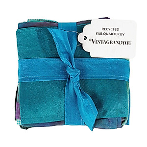 VintageandYou 12 Pieces Reclaimed Sari Silk Fat Quarter Fabric Bundle DIY Sewing Craft, 18 x 22 Inches- Sea Blue