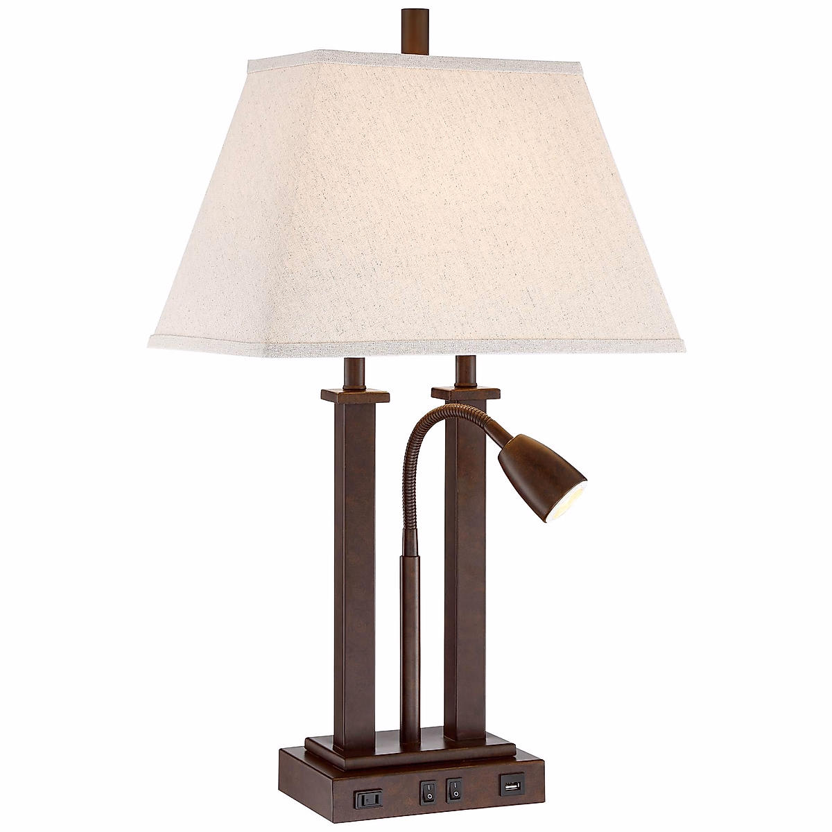 Possini Euro Design Deacon Modern Desk Table Lamp with USB and AC Power Outlet in Base Gooseneck LED 26" High Bronze Rectangular Linen Shade for Living Room Bedroom House Bedside Nightstand Home