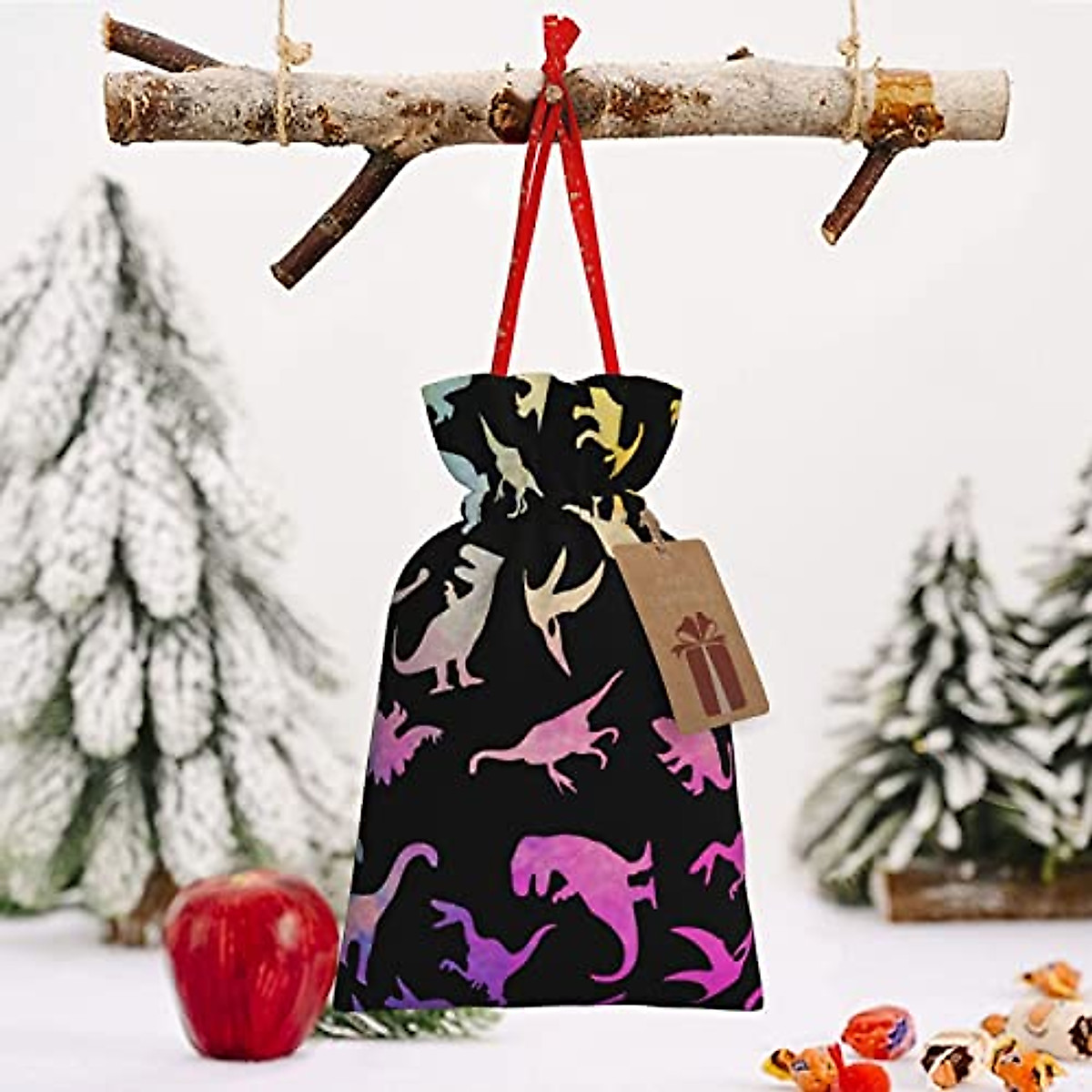 Drawstrings Christmas Gift Bags Fun-Dinosaur-Rainbow Presents Wrapping Bags Xmas Gift Wrapping Sacks Pouches Medium