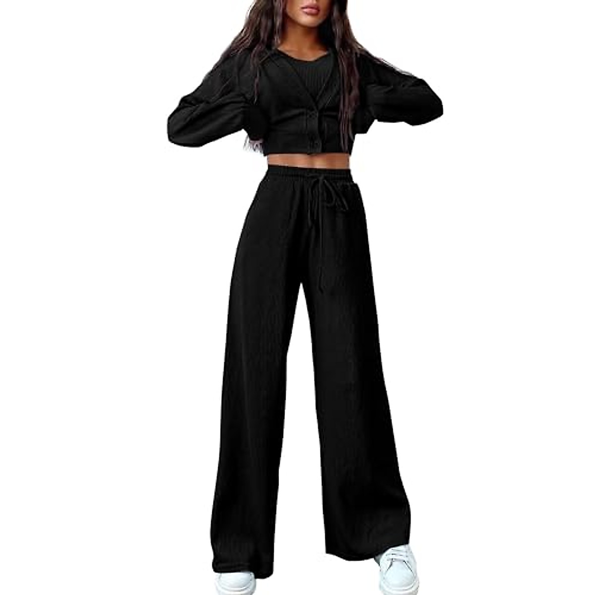 BTFBM Women's Summer 3 Piece Outfits Ribbed Knit Cardigan Cropped Tank Tops Wide Leg Pant Tracksuit Lounge Matching Sets(Solid Black, Medium)