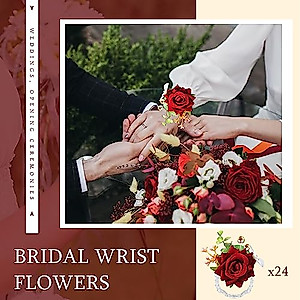 Sherr 24 Pieces Wine Red Wrist Corsage Wristlet Band for Bridal Bridesmaid Girls Women Red Rose Bracelets Wedding Artificial Wrist Corsages Burgundy Rose Hand Flower for Prom Wedding Engagement