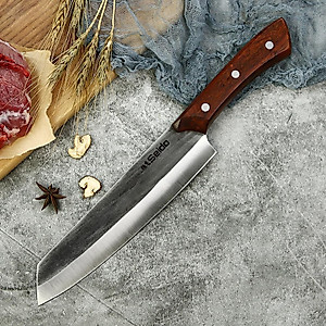 Seido 5-Piece Caveman Butcher Knife Set - Precision Forged High-Carbon Stainless Steel Blades with Black Oxide Finish - Ergonomic Mahogany Handles in Reddish-Brown