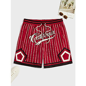 GORGLITTER Men's Striped Letter Graphic Drawstring Waist Shorts with Pockets Burgundy Medium