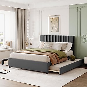 DNYN Queen Size Upholstered Platform Bed with Trundle(Twin XL) & 2 Drawers for Kids,Adult Bedroom,Wooden Bedframe Linen Fabric Furniute w/Storage & Classic Heardboard,Space Saving Design, Gray