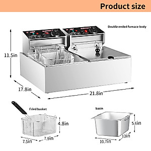 Commercial Electric Deep Fryer, AGKTER, Dual Tank Stainless Steel Deep Fryer with Basket & Lid, Over-Temperature Protection, Ideal for Restaurant and Home Use - 10.5qt+10.5qt, 1500W+1500W, 110V