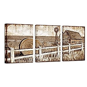 SiMiWOW 3 Panel Farmhouse Canvas Wall Art Farmhouse Painting Old Barn Pictures Living Room Bedroom Home Decor (12"x16"x3 Panels)