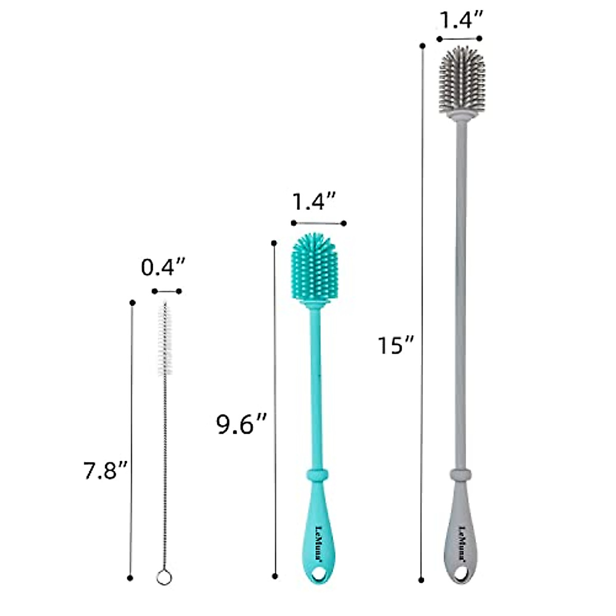 LeMuna Silicone Bottle Brush, Water Bottle Cleaner Brush Set with Straw Brush for Narrow Neck Containers, Hydro Flask, Sports Bottle, Glassware